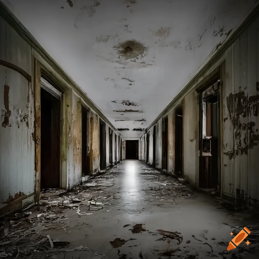 Detailed photograph of hallway in abandoned hotel on Craiyon
