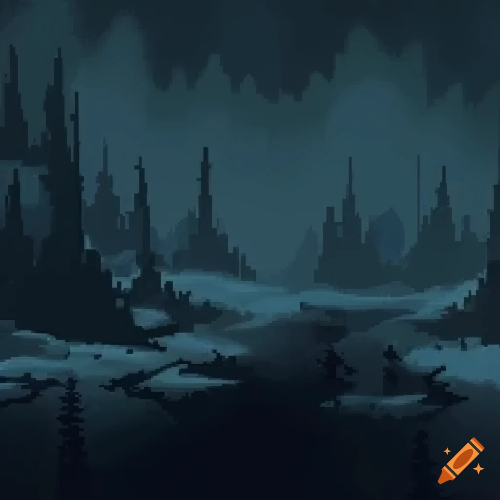 Detailed pixel art fantasy map of a dark snowy landscape on Craiyon