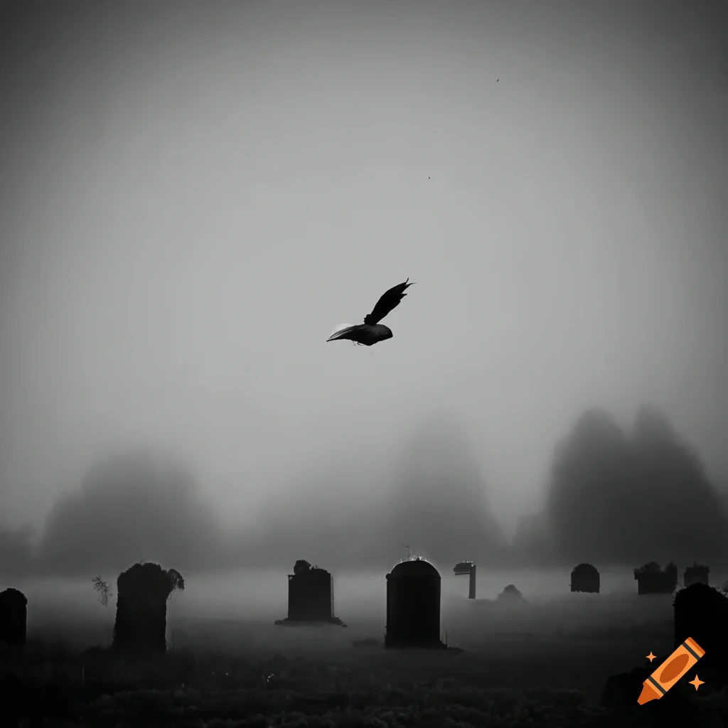 Flock of ravens flying over a foggy cemetery with a man's shadow on Craiyon