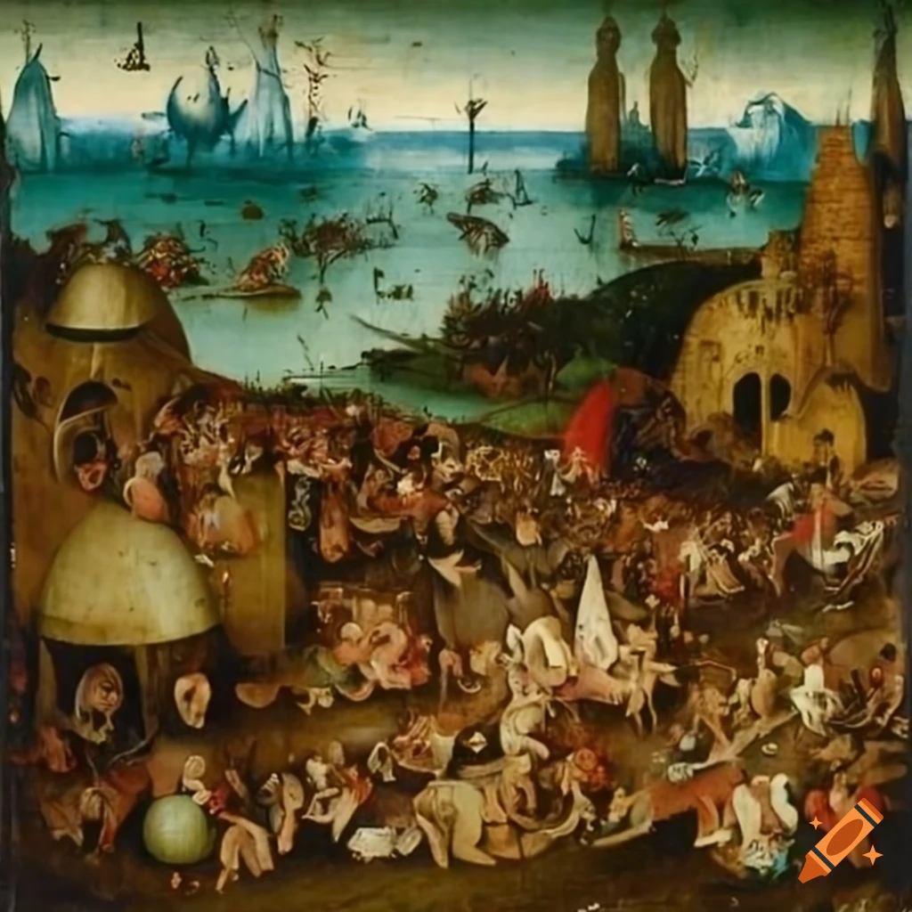 Hellish landscape art by hieronymus bosch on Craiyon