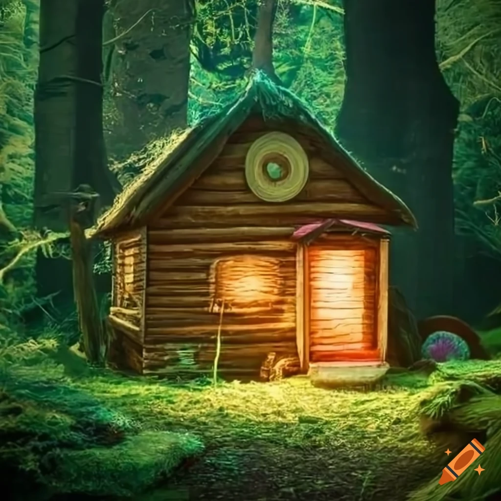 Simple wooden hut in a bright enchanted forest under midday sun on Craiyon
