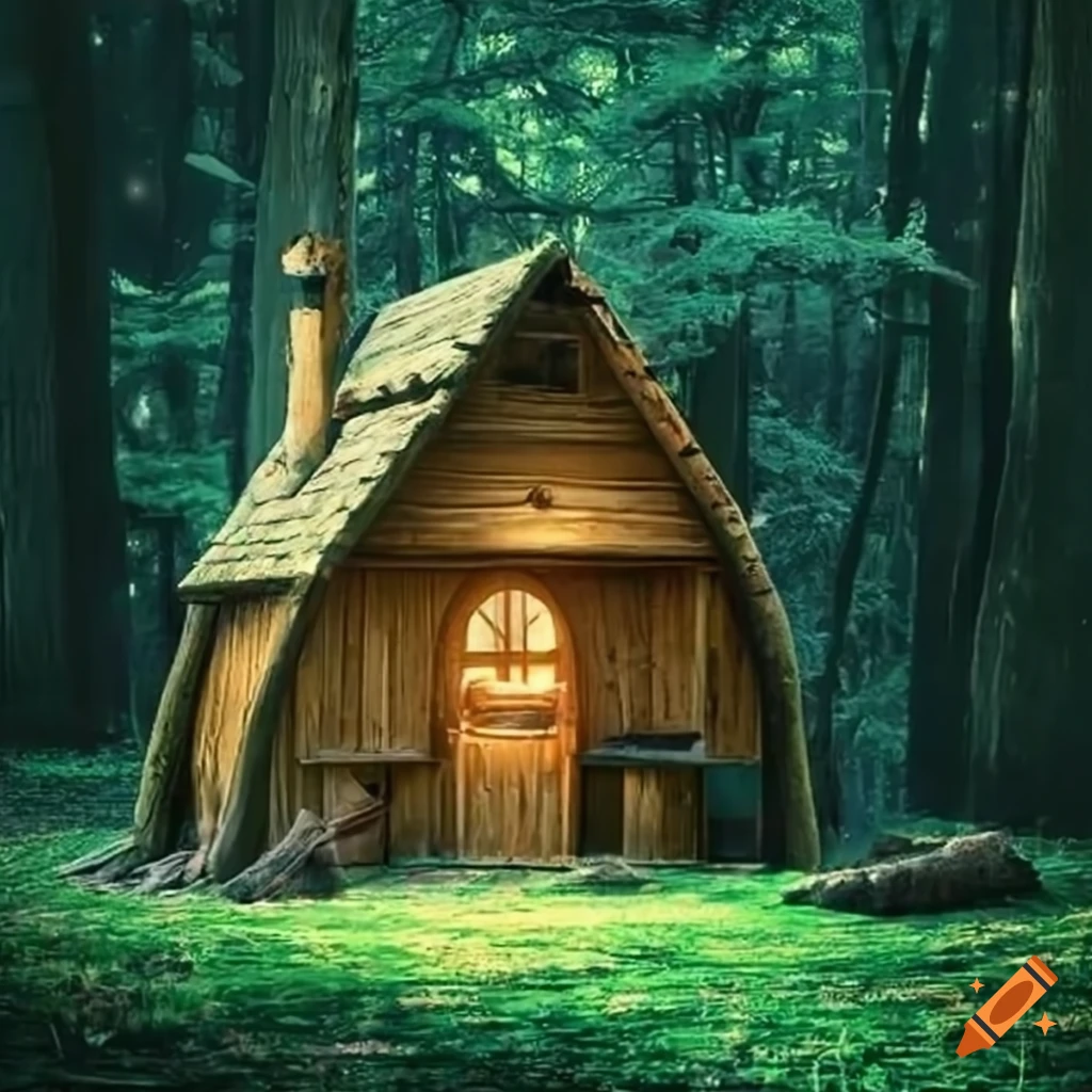 Simple wooden hut in an enchanted forest under midday sun on Craiyon