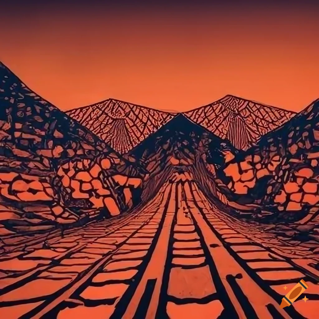 Subtly illuminated fantastical orange landscape with geometric patterns ...