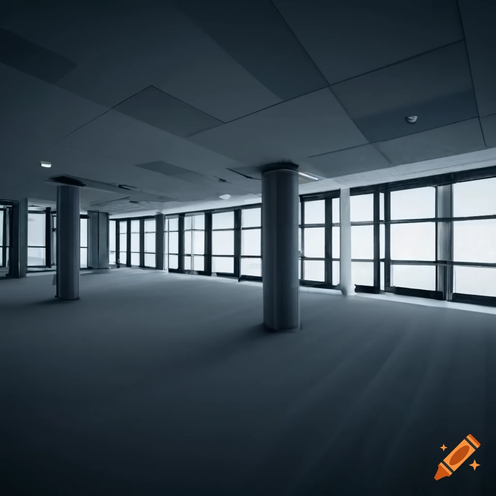 Interior of an empty office building in a photorealistic style on Craiyon