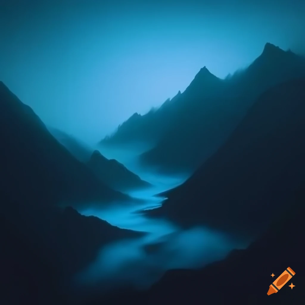 Neon mist in a dark mountain setting on Craiyon