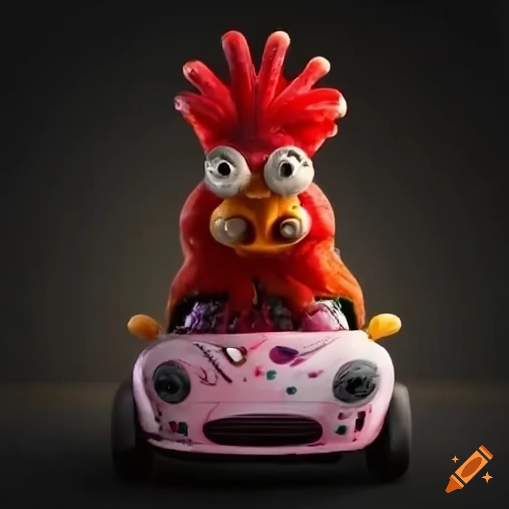 Funny chicken driving a race car on Craiyon