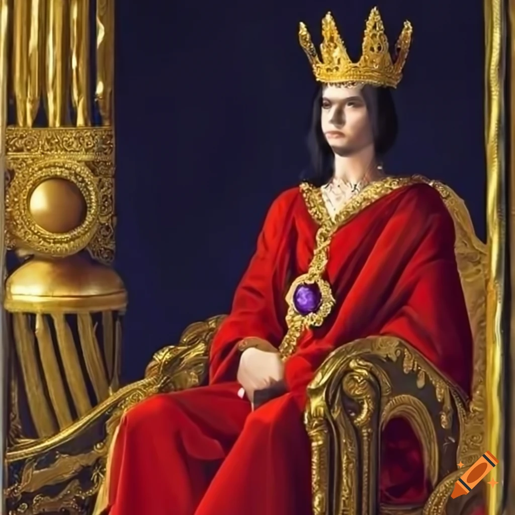 Portrait of a young handsome king in a red robe sitting on a golden ...