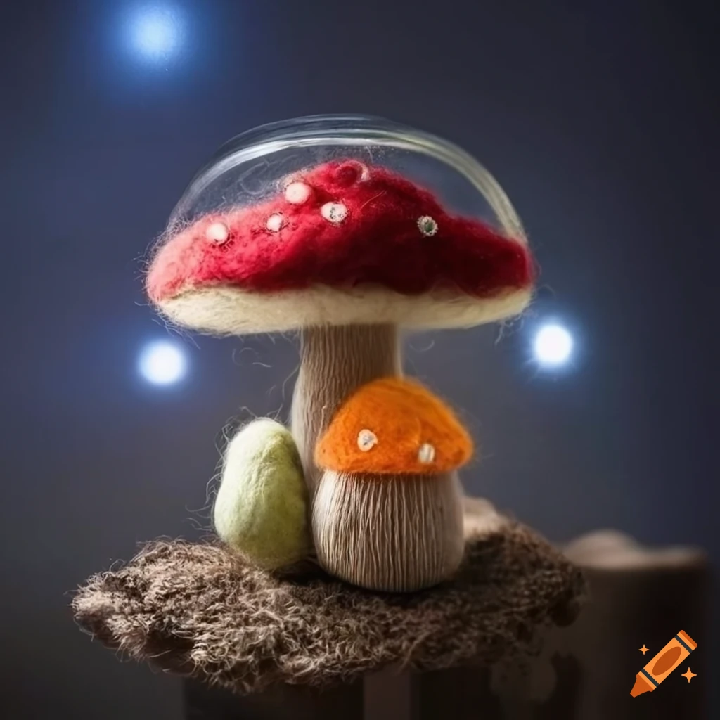 Wool felted plant ecosystem in round glass jar with mushrooms and ...