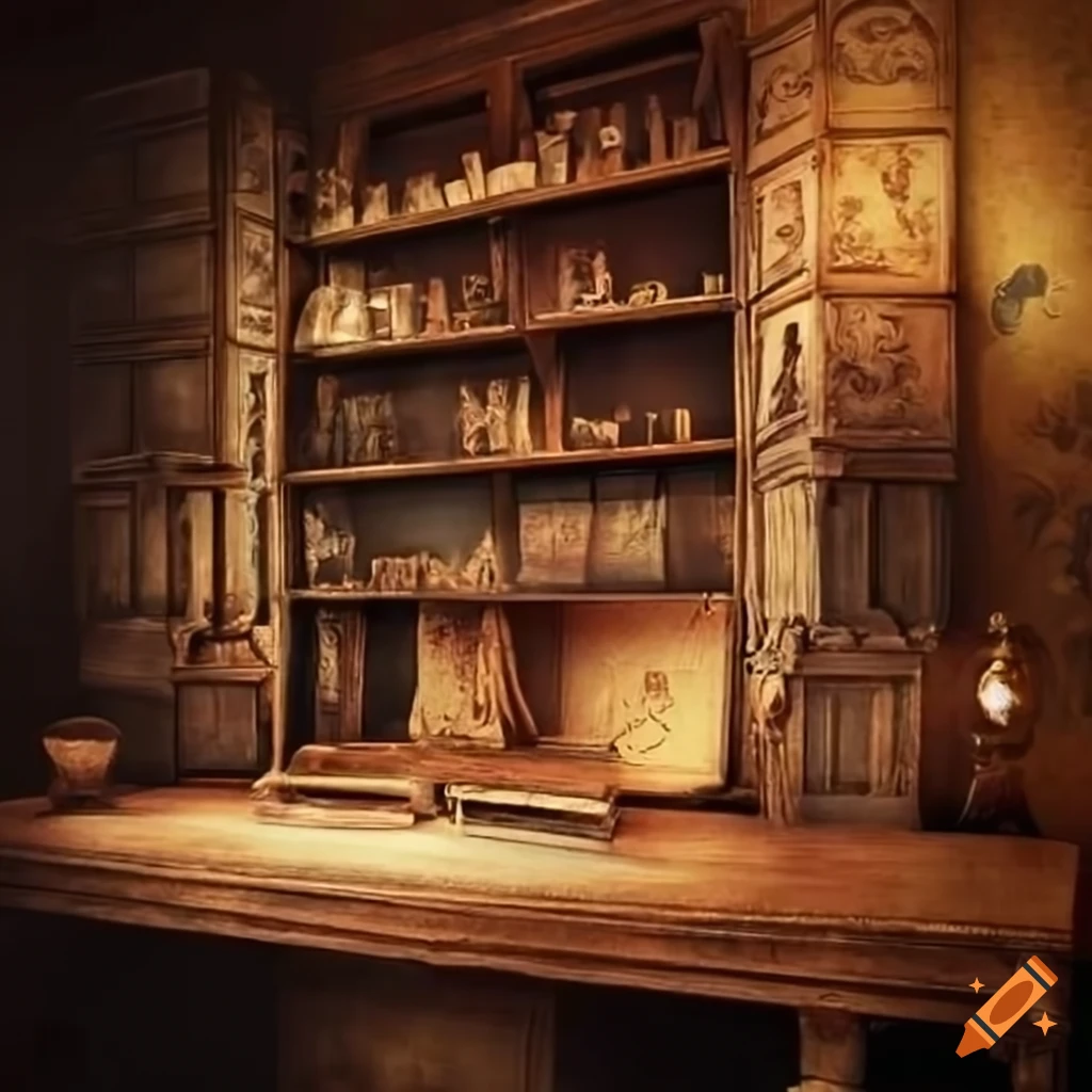 Old magical writing room with shelves of parchment, scrolls, and ...