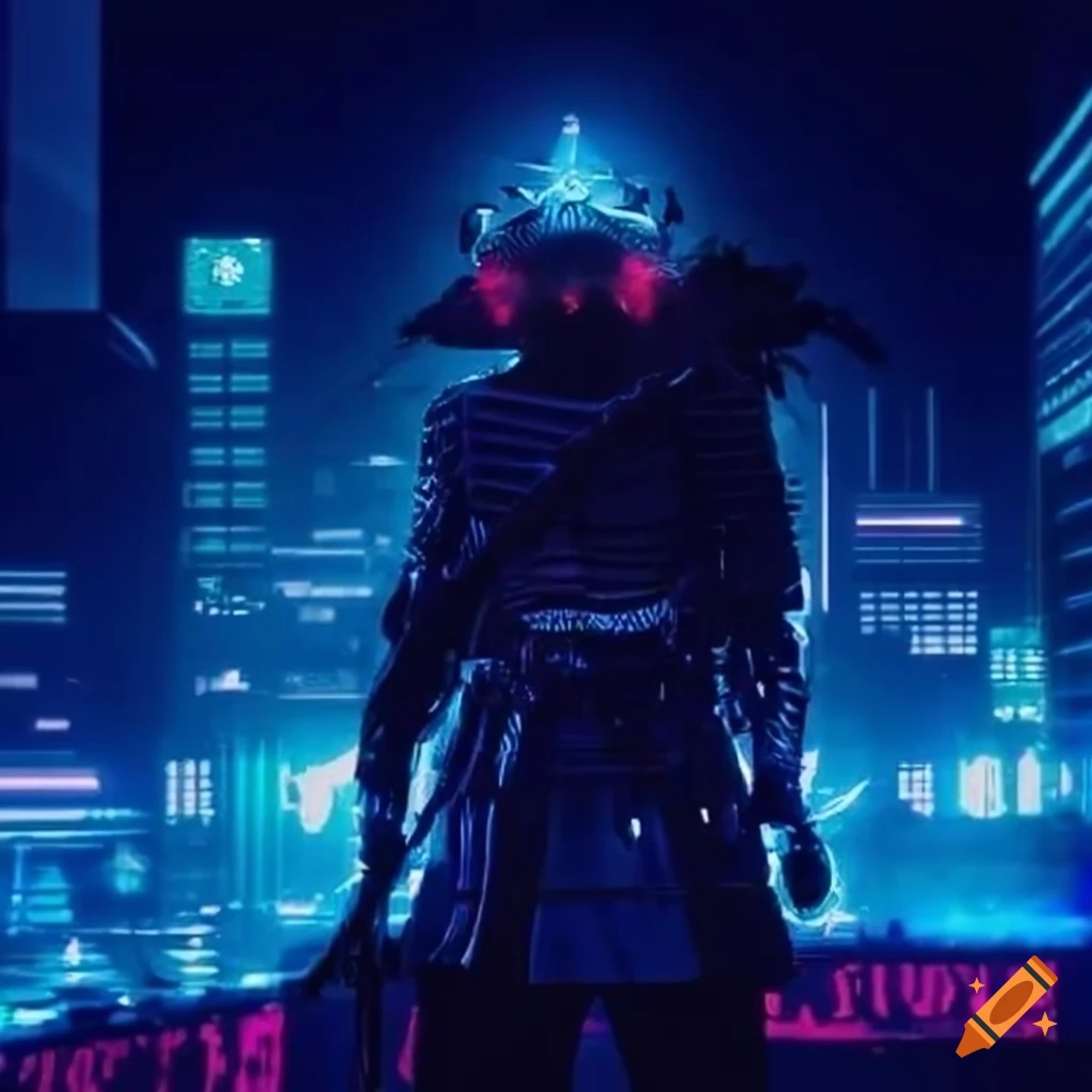 Cyber punk city with neon lights and cyborg samurai on the roof on Craiyon