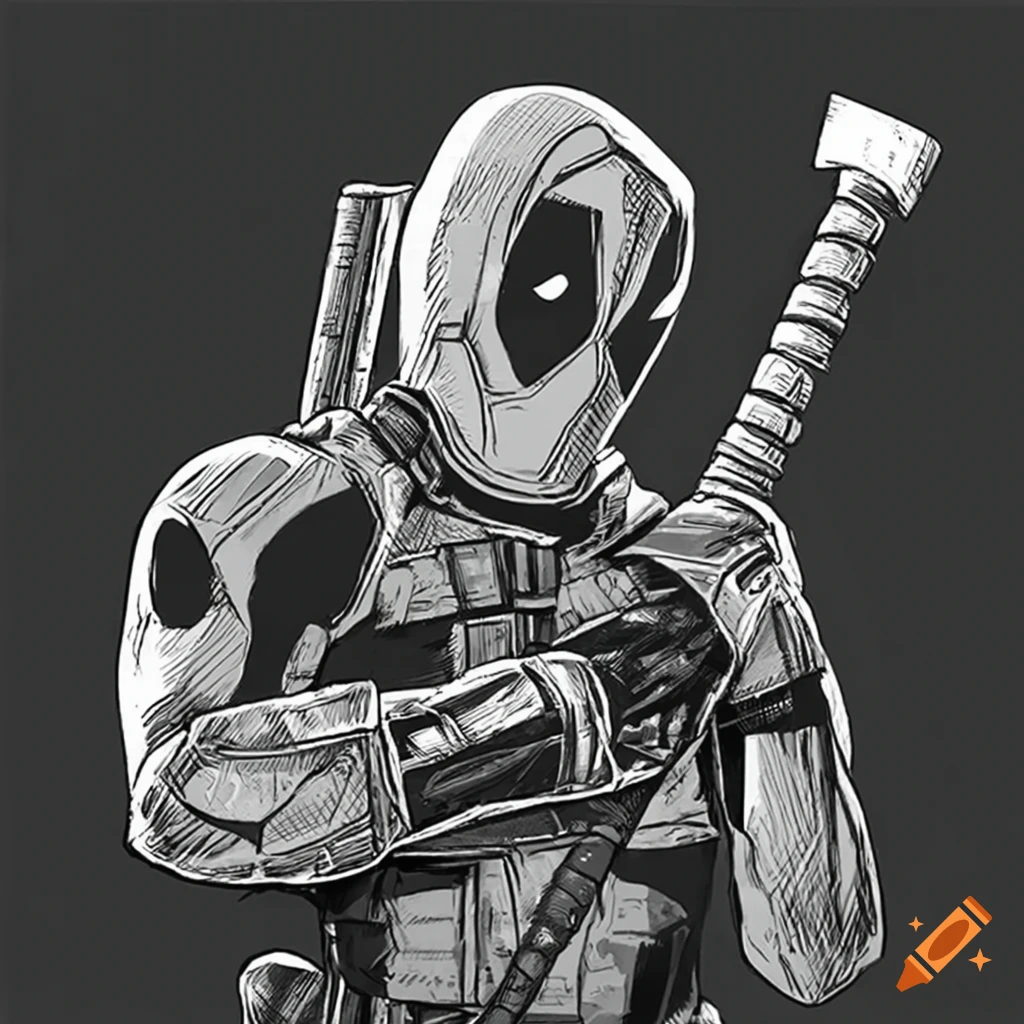 Deadpool with an axe in the head like a unicorn in black and white on ...