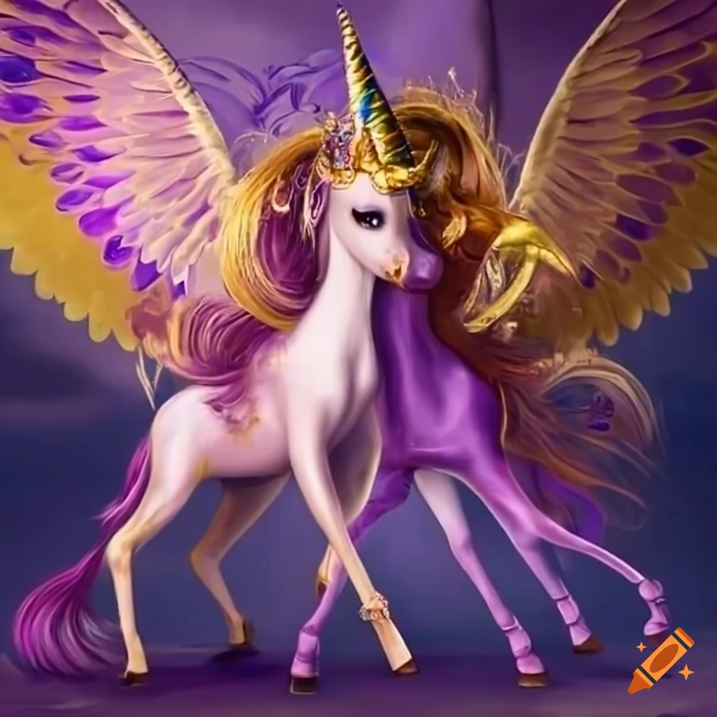 Two unicorn sisters, one with purple wings and one with a golden ...