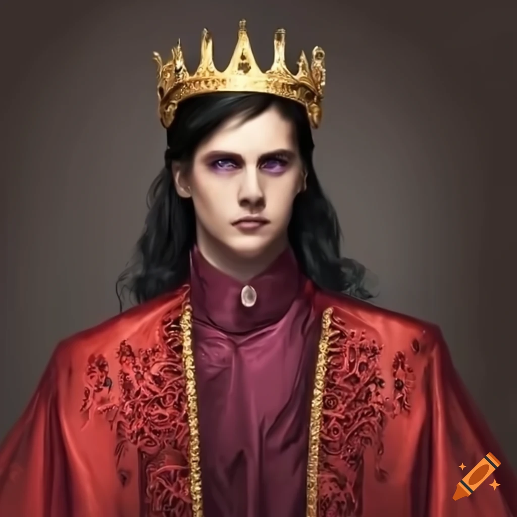 Young handsome king with purple eyes and long black hair sitting on a ...