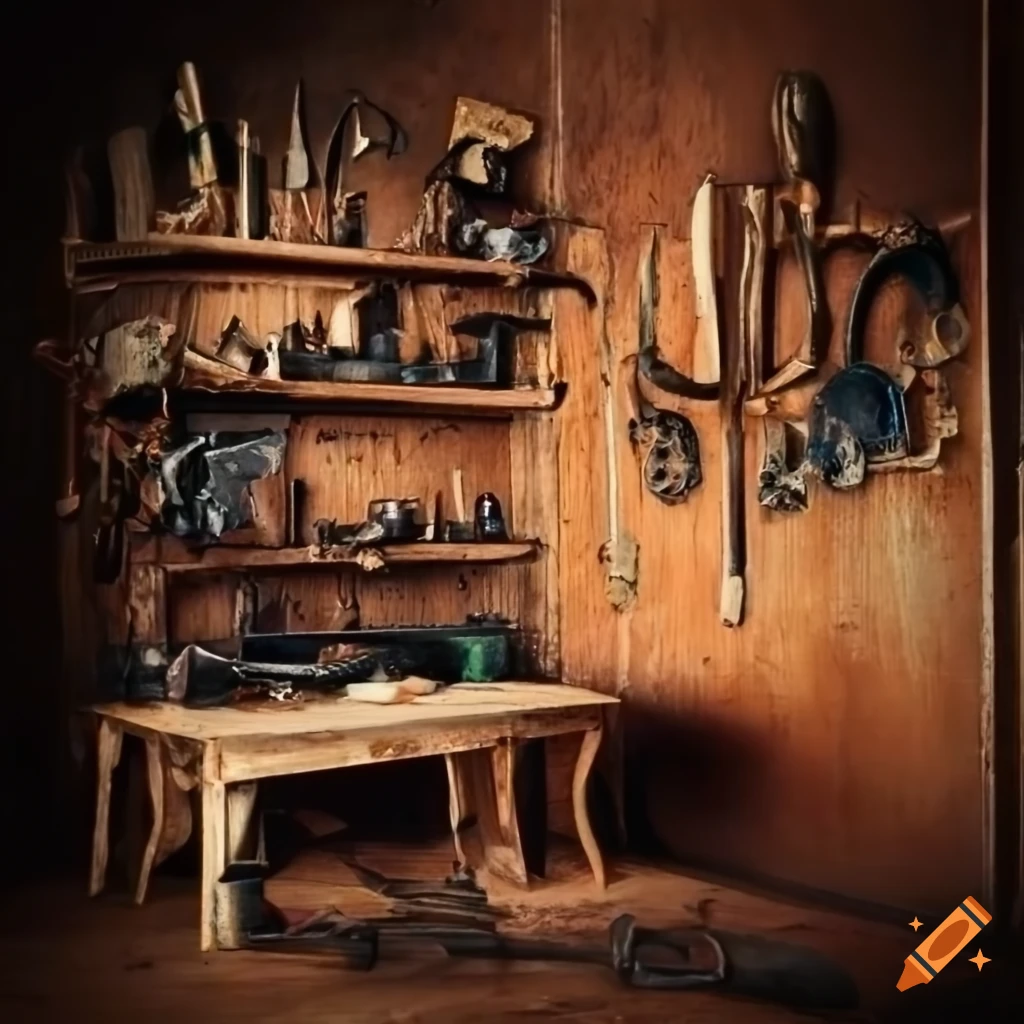 Small old tidy magical workshop with a shelf full of tools and a work ...