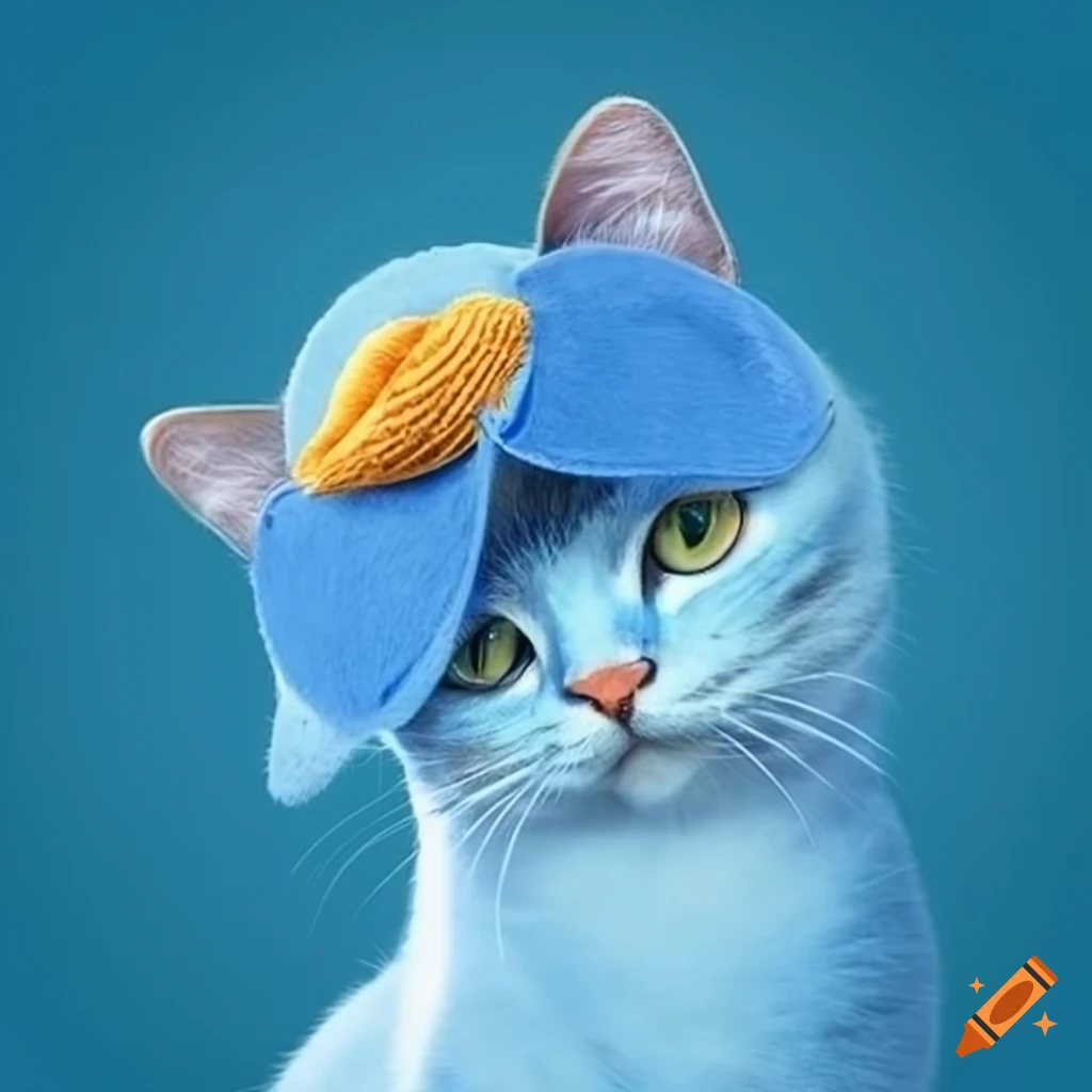 Blue cat wearing a sun hat on Craiyon