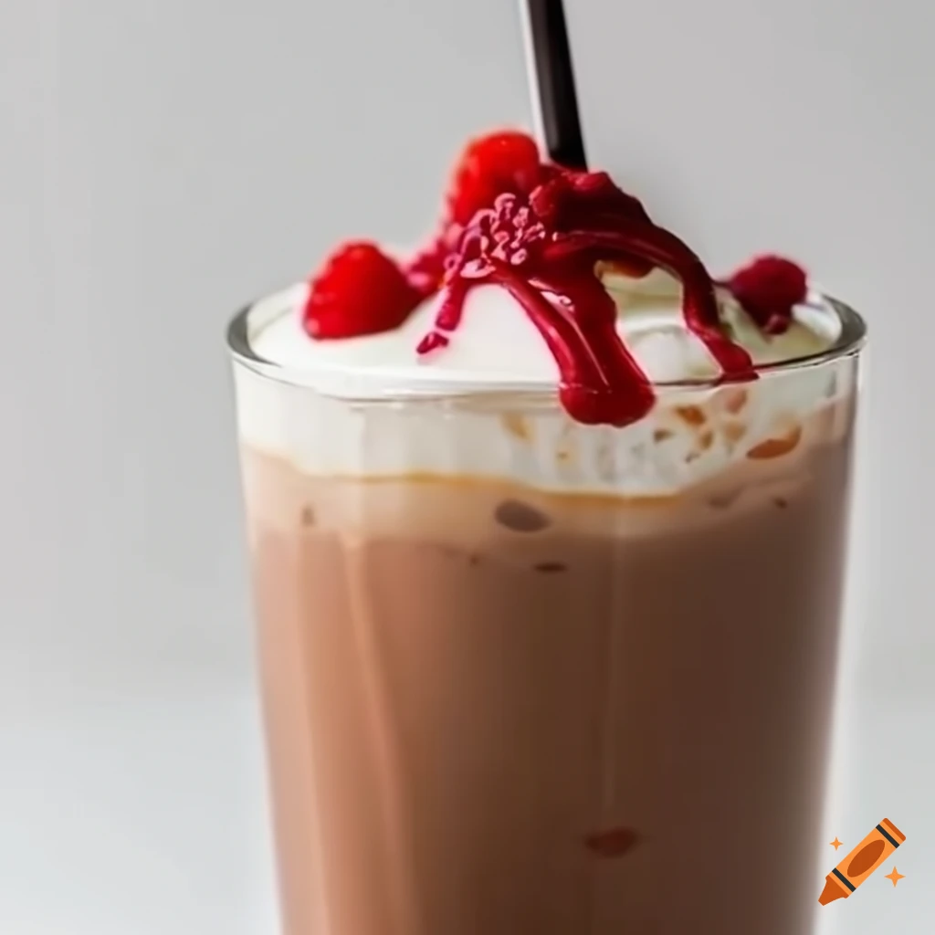 Iced mocha with chocolate and raspberry sauce on a white background on ...