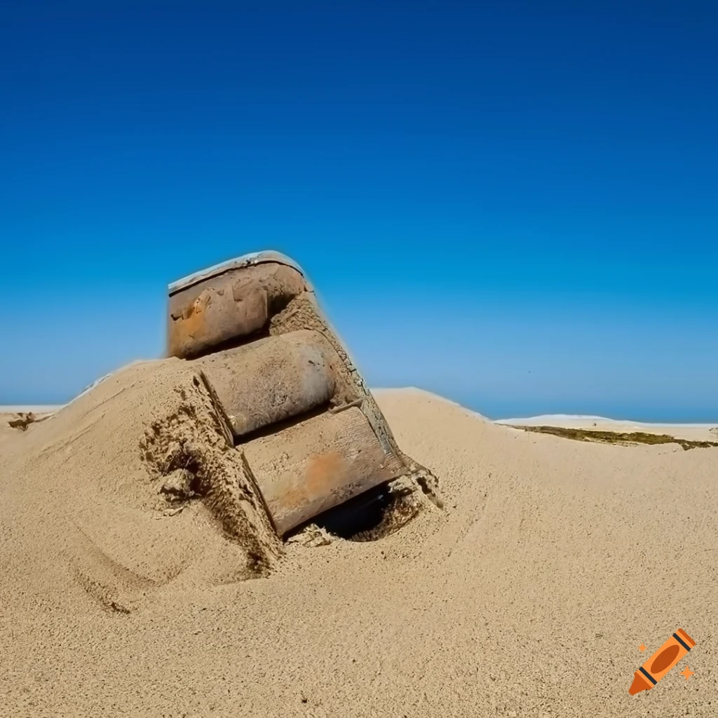 Old buffer stop almost buried in sand under blue sky on Craiyon