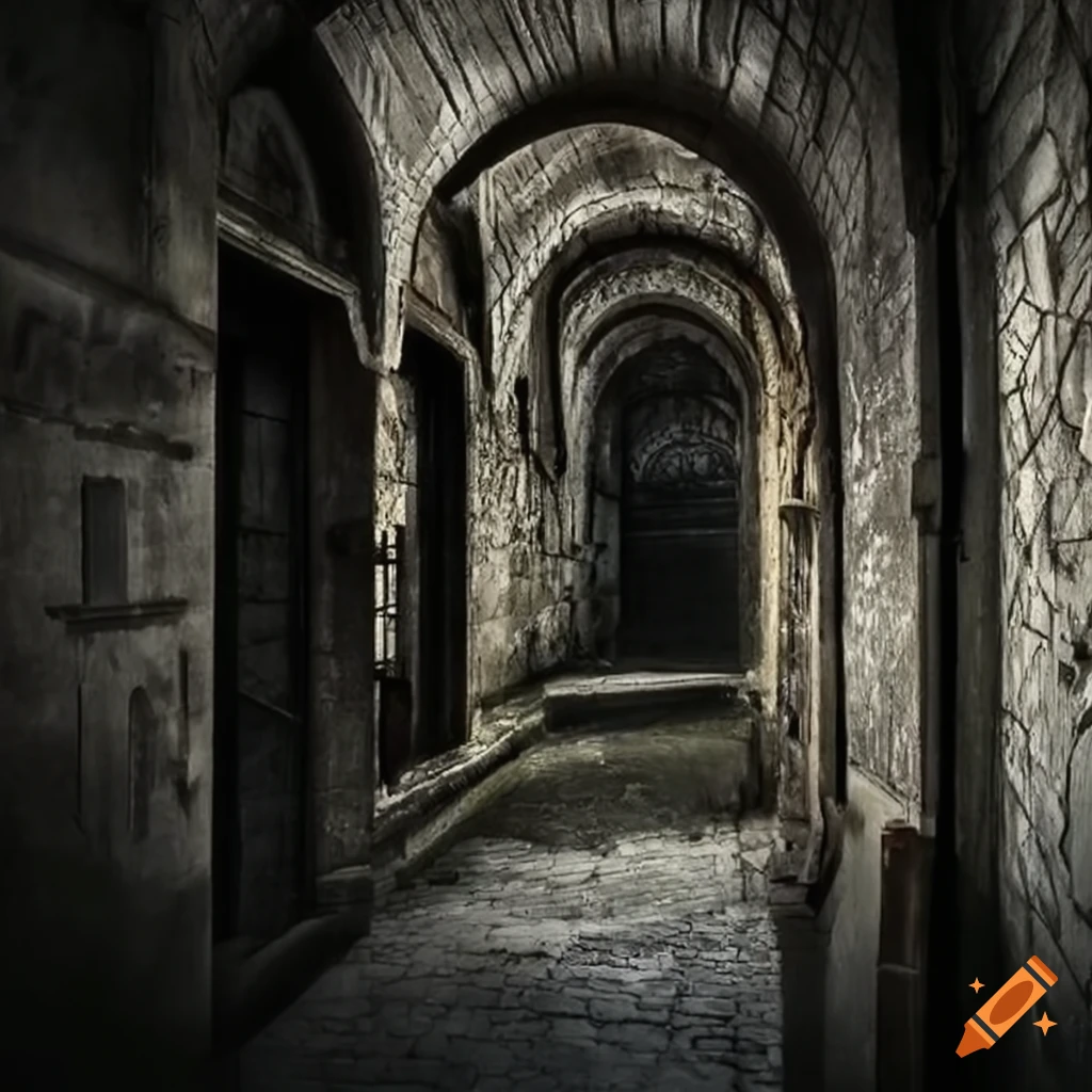 Dark passage of a medieval town prison with cells on Craiyon