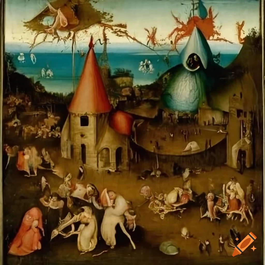 Hellish landscape art by Hieronymus Bosch on Craiyon