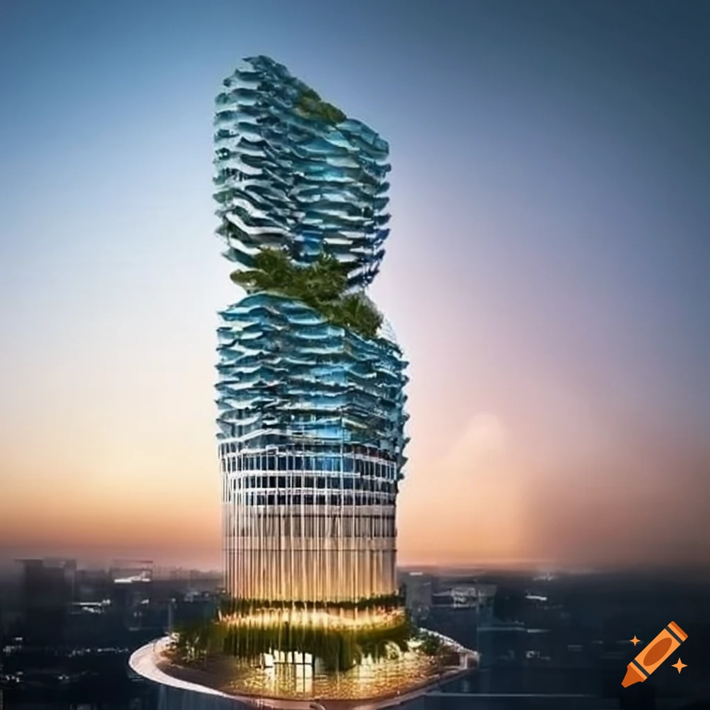 Eco-friendly skyscraper integrating sustainable features on Craiyon