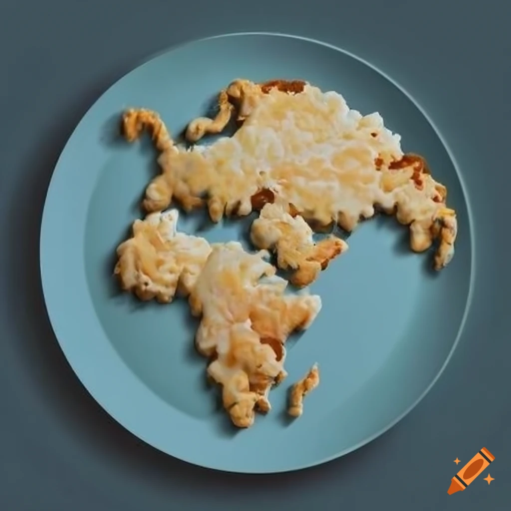 World map made of scrambled eggs on an intricate plate on Craiyon