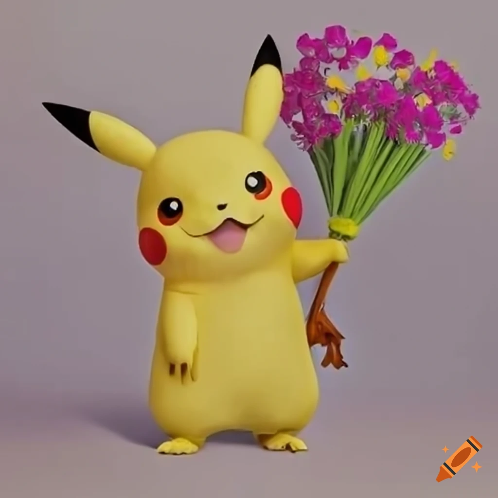 Pikachu holding a beautiful bouquet of vividly colored flowers on Craiyon