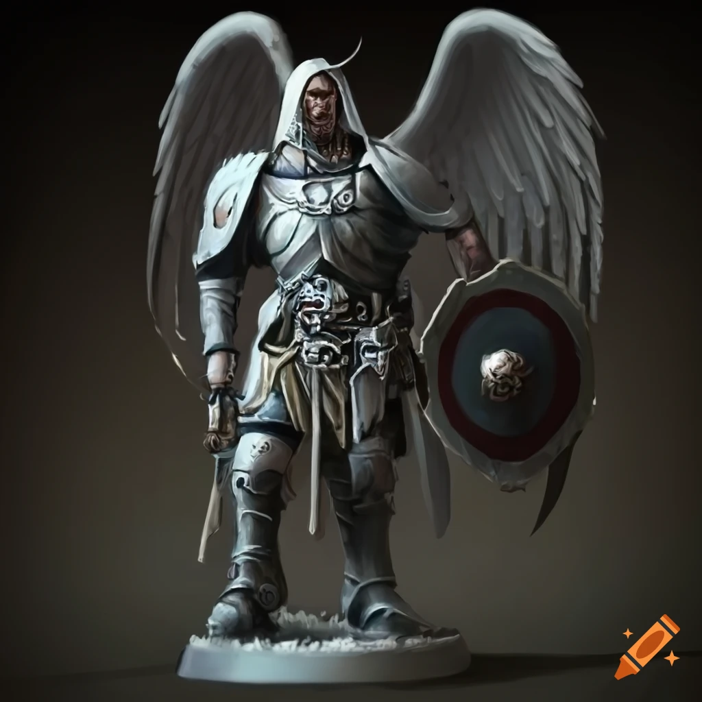 Male angel with warhammer, shield, and dragonscale armor on Craiyon