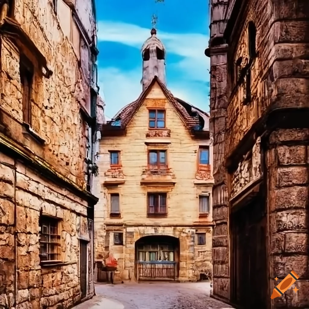 Old world stone buildings and street on Craiyon