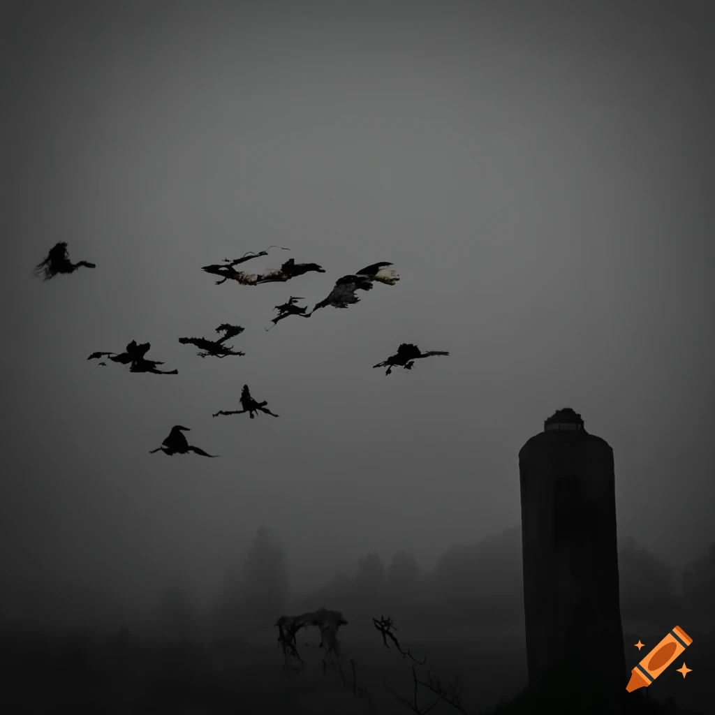 Flock of ravens flying over a foggy cemetery with a man's shadow on Craiyon