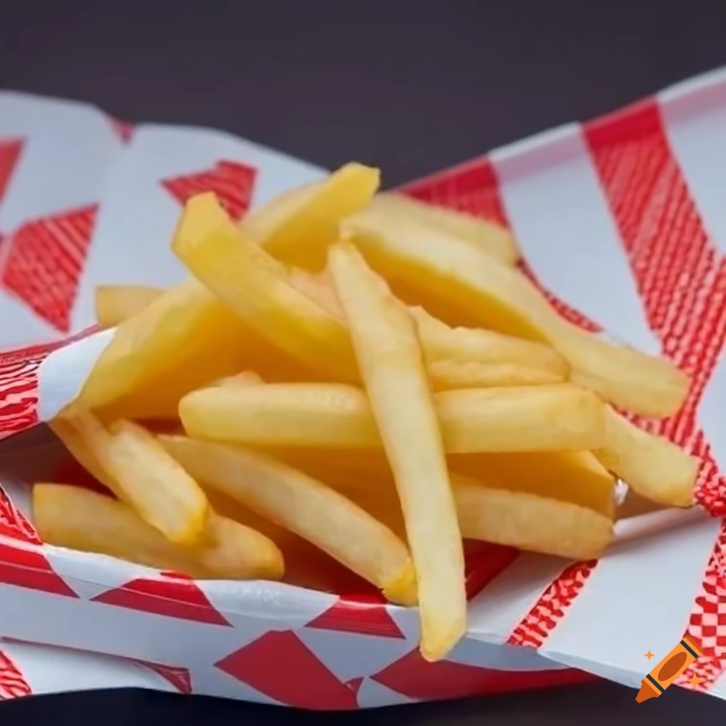 Delicious fries in checkered paper packaging on Craiyon