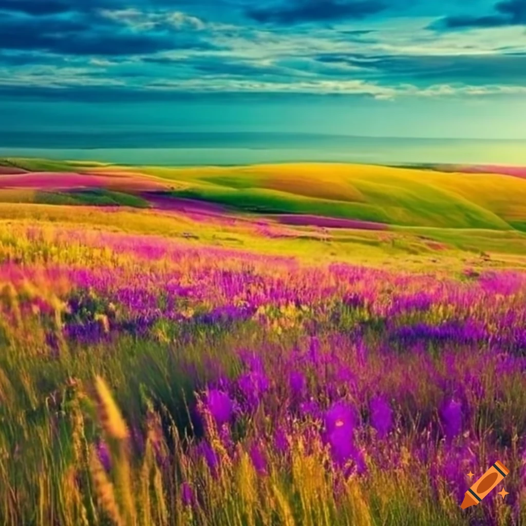 Serene landscape of rolling hills with lush grasses and wildflowers in ...