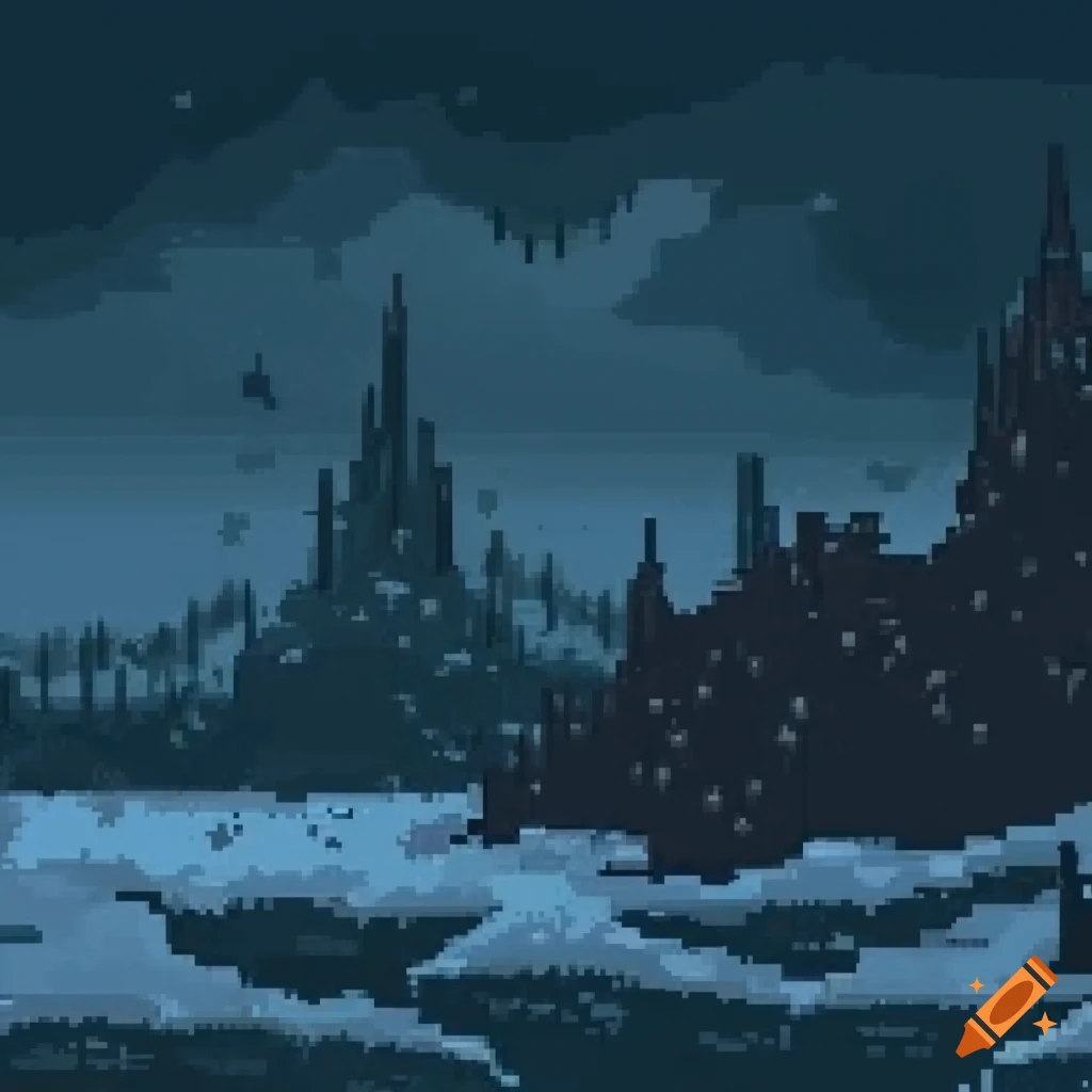 Detailed pixel art fantasy map of a dark snowy landscape on Craiyon