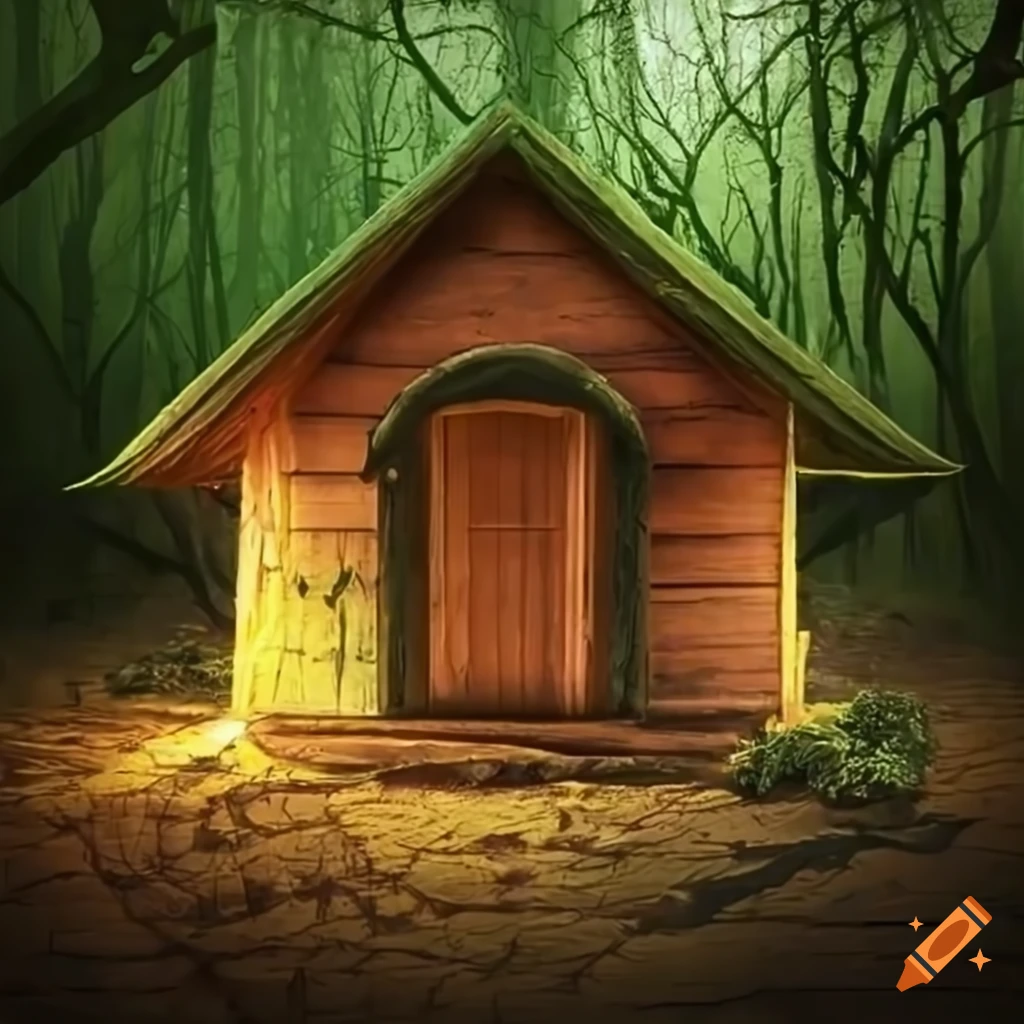 Simple wooden hut in a bright enchanted forest under midday sun on Craiyon