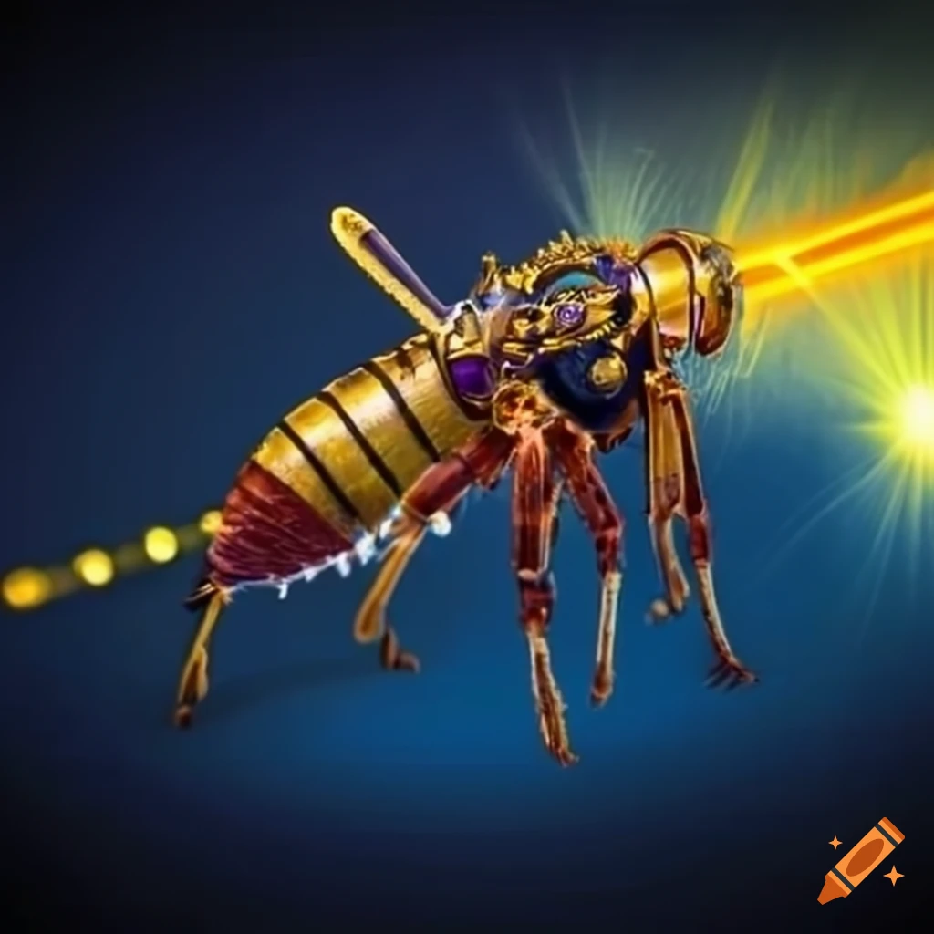 Steampunk hornet shooting laser beams in yellow and blue on Craiyon