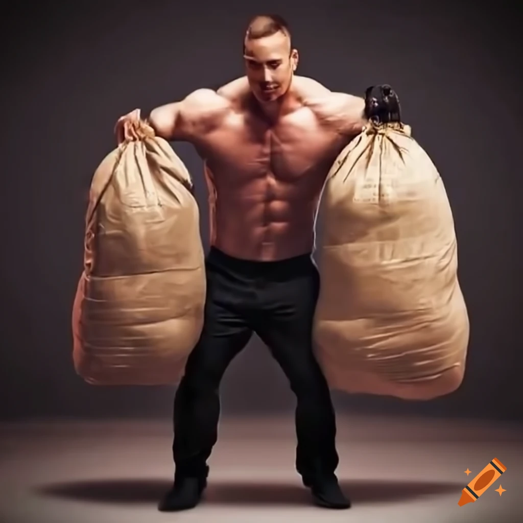 Muscular man lifting heavy bag of money on Craiyon