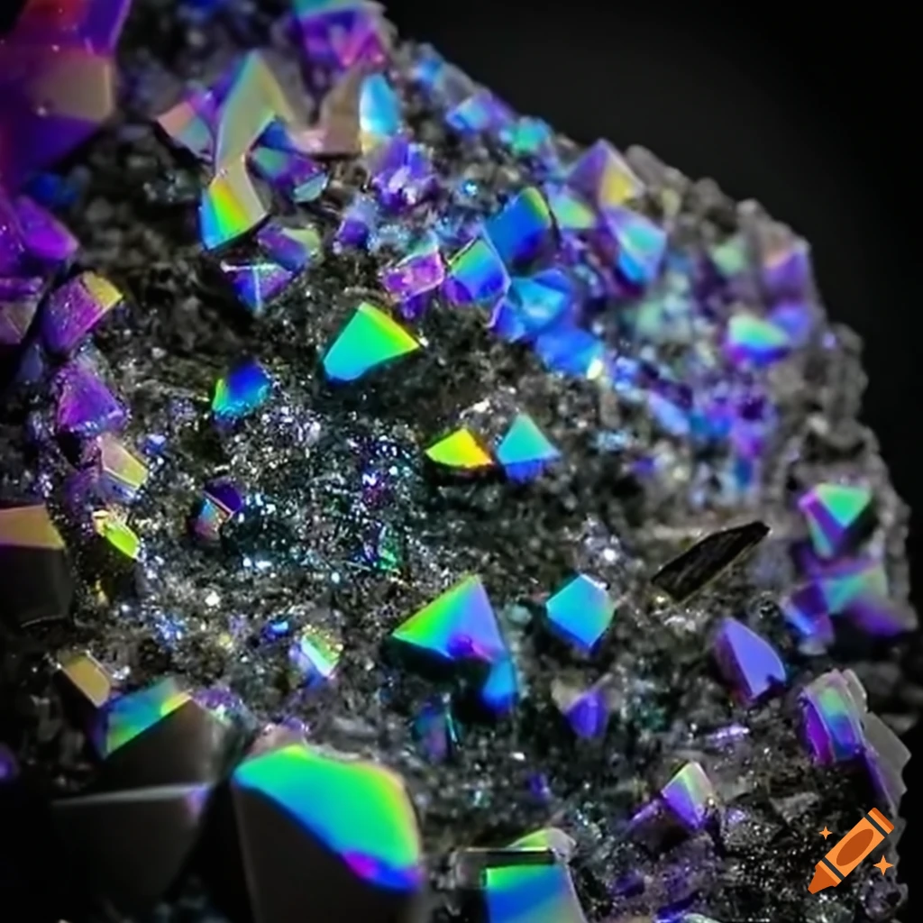 Iridescent rainbow crystals reflecting miniature galaxies, flames, and ...