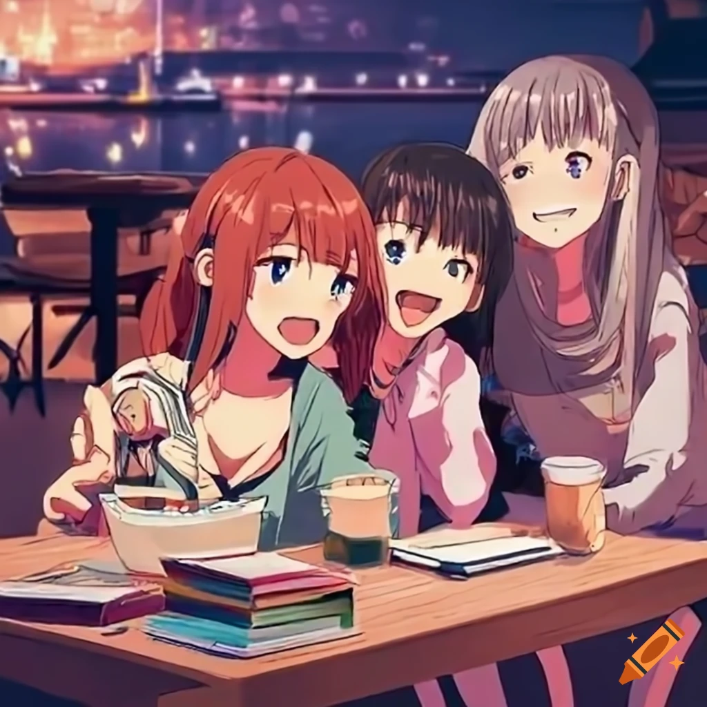 Cheerful anime girls studying science books in a crowded tearoom by the ...