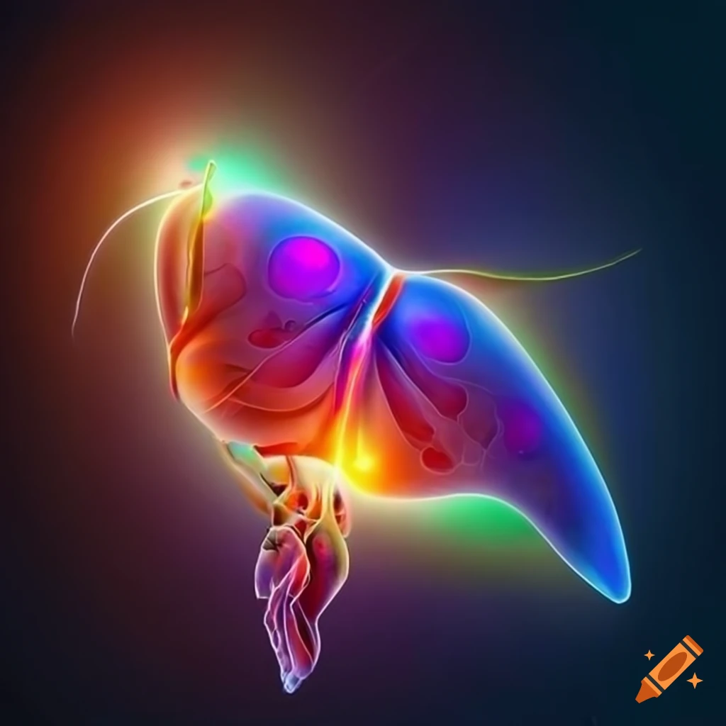 Vibrant and vivid human form with prominent liver flowing with radiant ...
