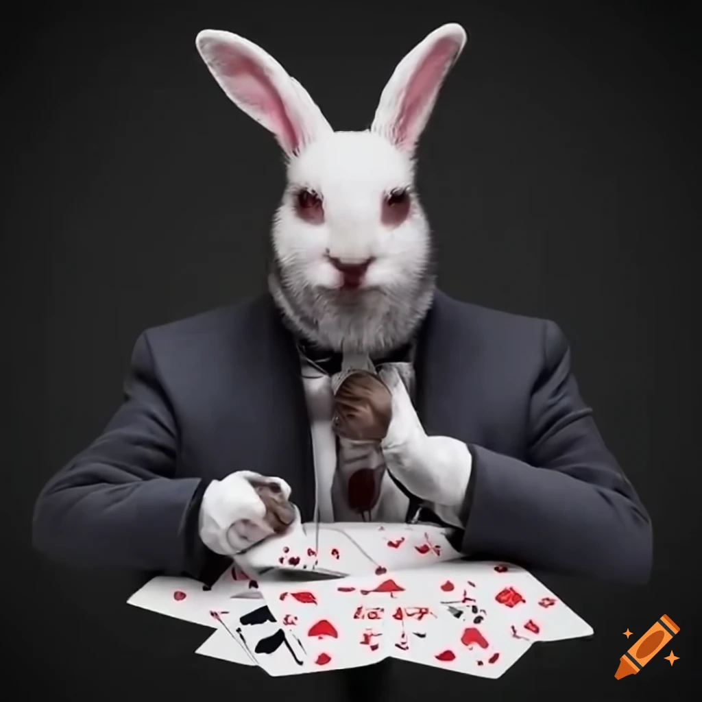 Rabbit magician performing a card trick on Craiyon