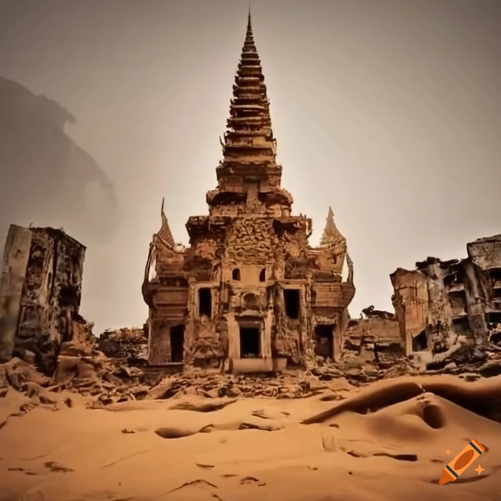 Post-apocalyptic ruins of phnom penh covered in sand during a sandstorm ...
