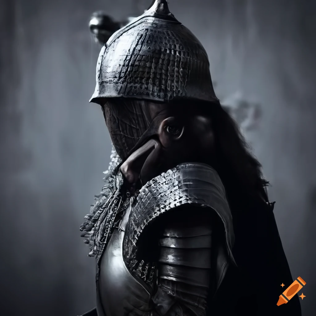 Strong man in ebony armor standing in a deserted battlefield with ...