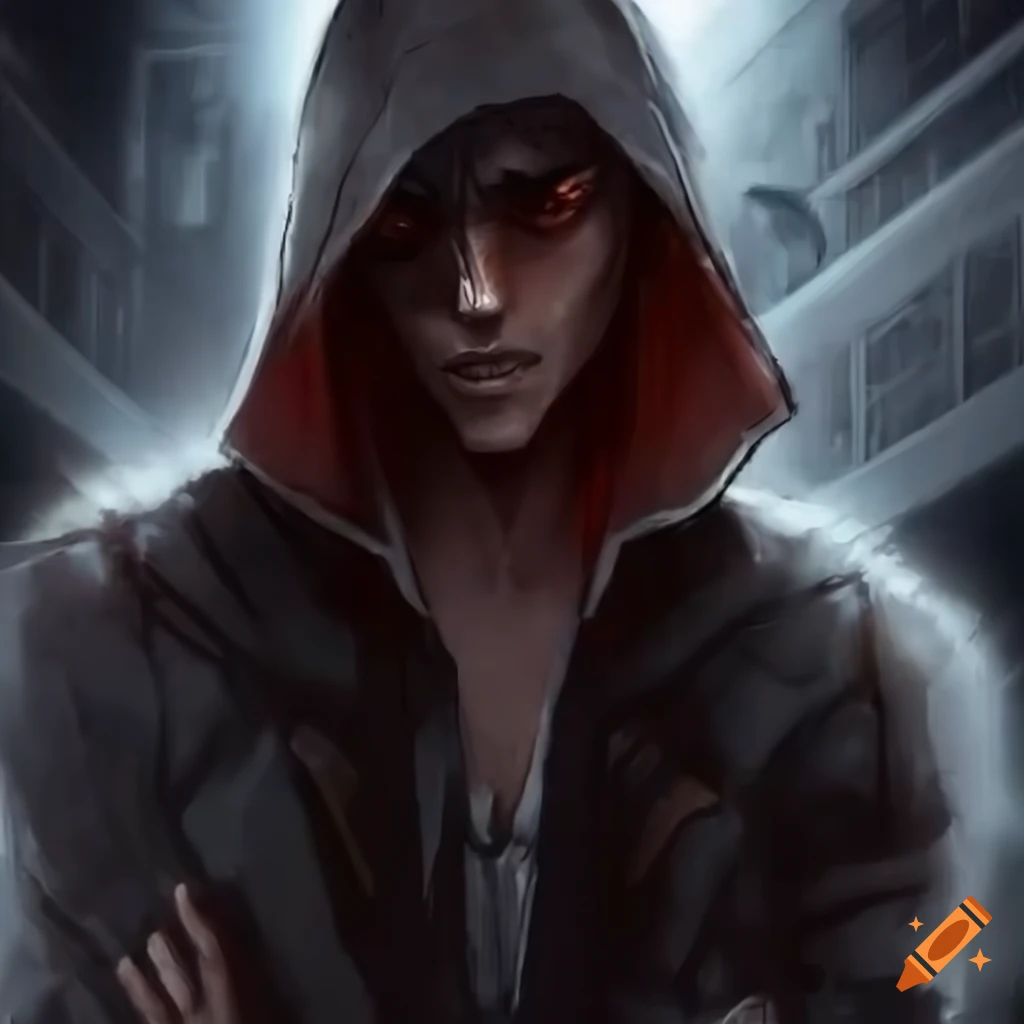 Alex mercer from the video game prototype with hood up and smirk on Craiyon
