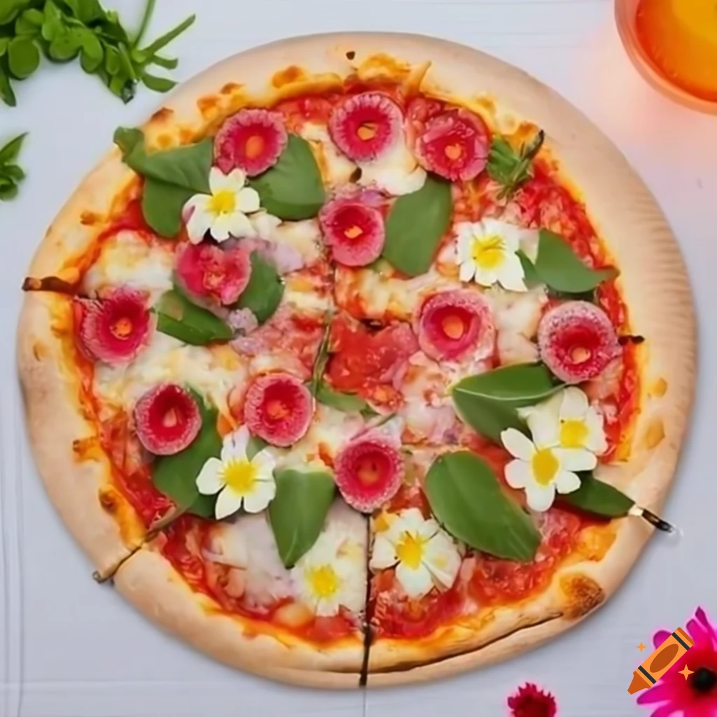 Delicious pizza with colorful flowers on top on Craiyon