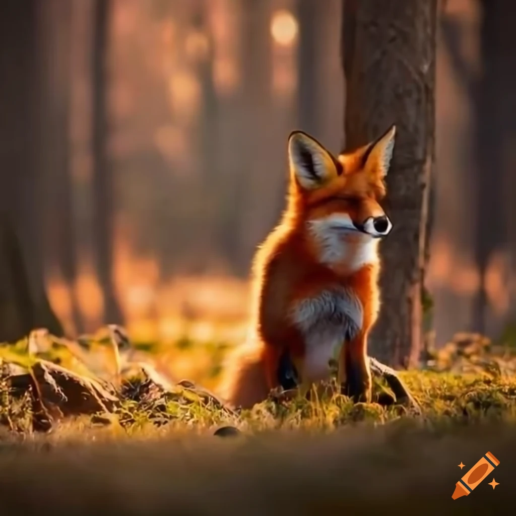 Country fox looking into the sunset with his girlfriend in the woods ...