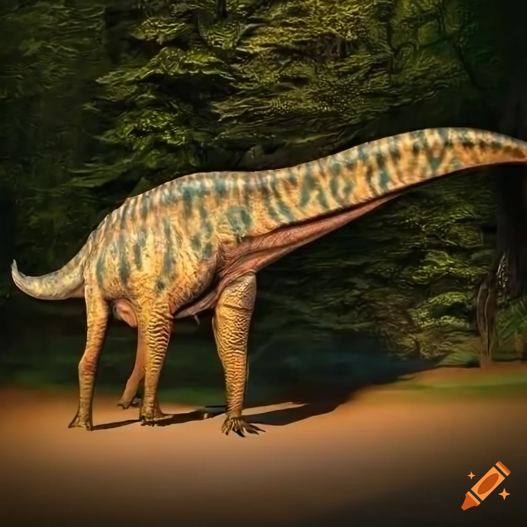 Hefty hadrosaurus dinosaur with intricate color pattern in a forest ...