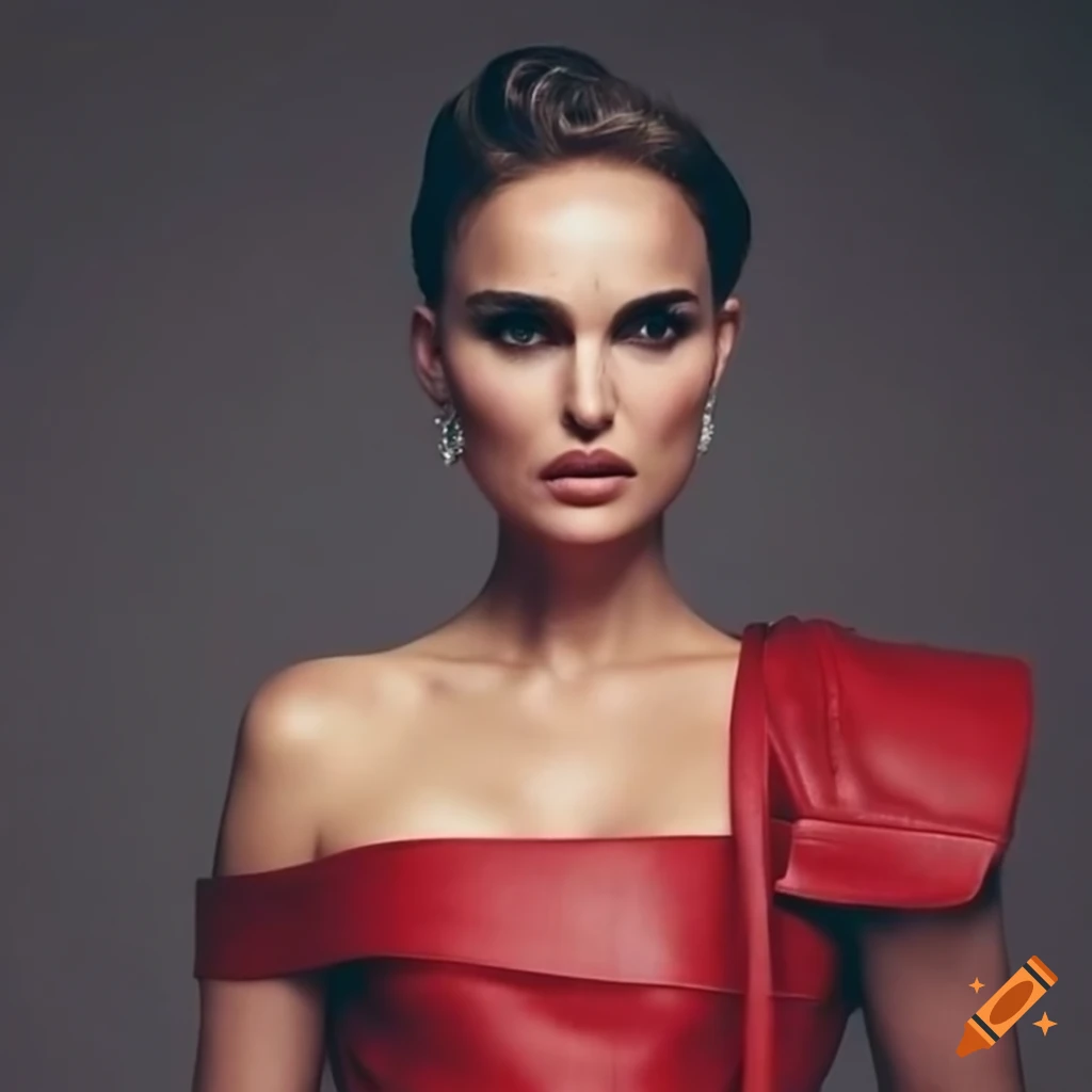 Natalie portman in a red leather dress looking intense on Craiyon