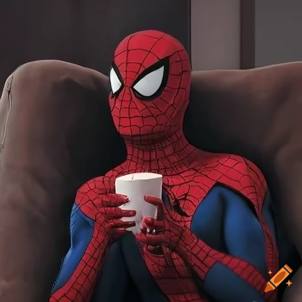 Spiderman sitting on a couch with a coffee on Craiyon