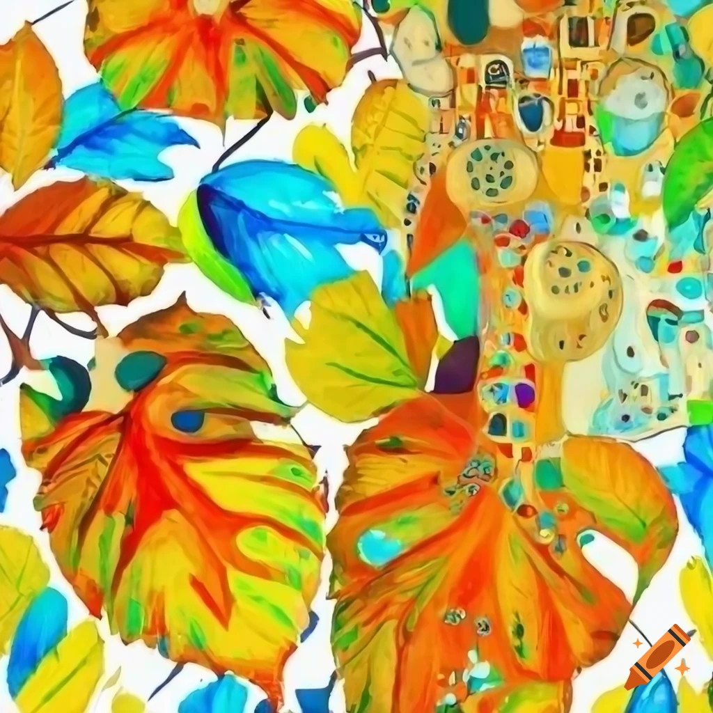 Colorful abstract leaves painting by klimt on a white background on Craiyon
