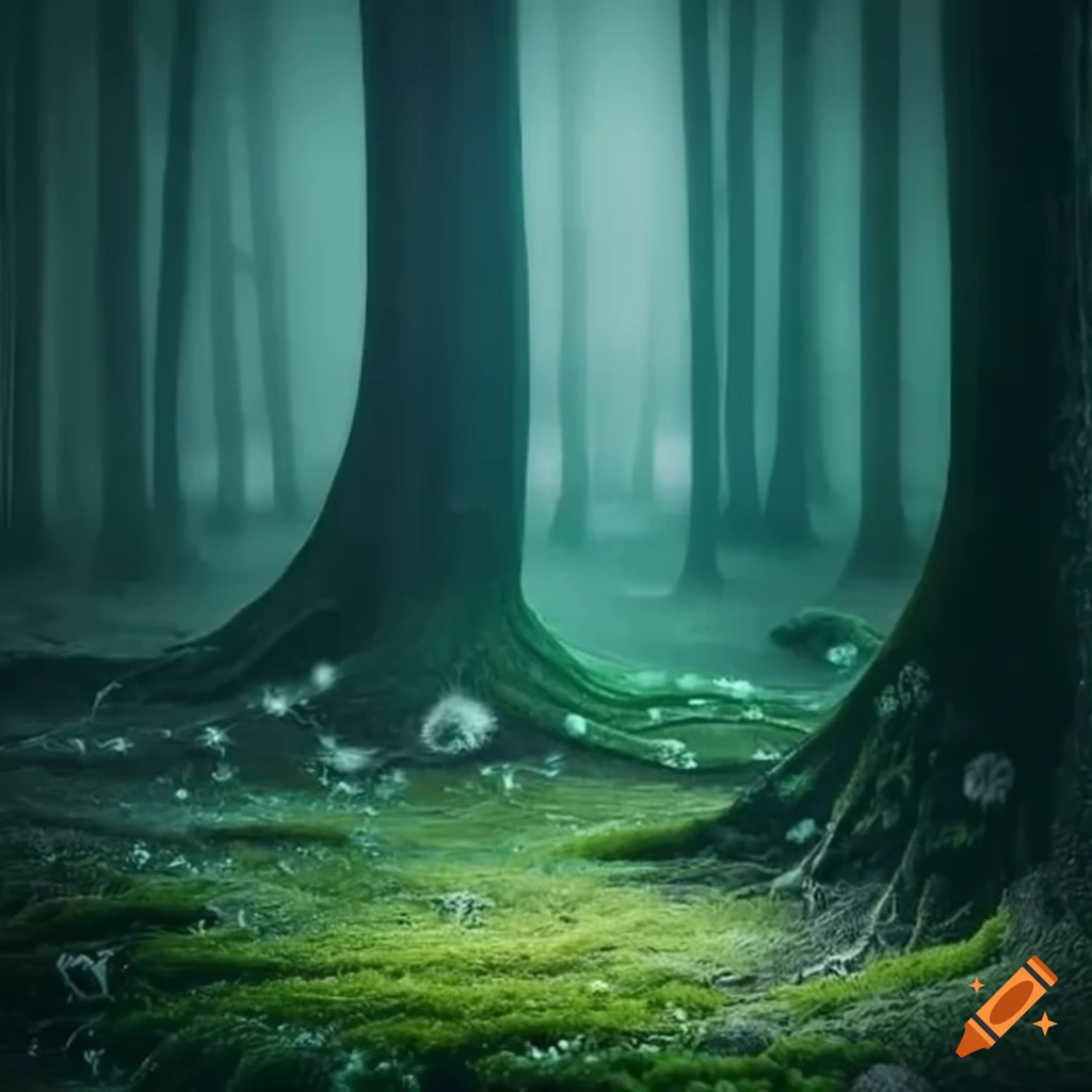 Bright enchanted magical forest with silver moss on the floor on Craiyon