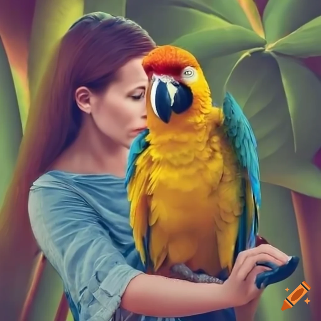 Young woman with a parrot in a tropical paradise on Craiyon